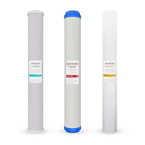 20" Slim Blue Iron Buster Filter Set (3-Pack) for Whole House Water Filtration Systems w/ 20" x 2.5" Sediment, Iron Manganese Reduction, CTO Carbon Block Water Filters