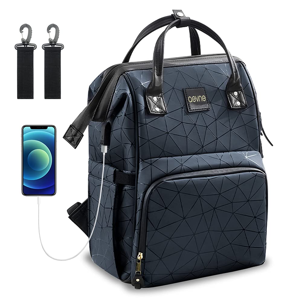Diaper Bag Backpack, AEVNE Multifunction Travel Back Pack Maternity Baby Changing Bags, Diaper Bag with USB Charging Port Stroller Straps,Large Capacity, PU Waterproof and Stylish, Dark Blue