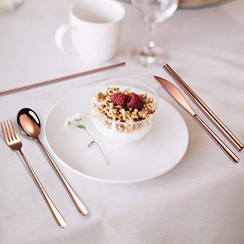 AARAINBOW 6 Pieces 18/8 Stainless Steel Flatware Set Portable Reusable Cutlery Set Travel Utensils Set Including Chopsticks Knife Fork Spoon Straws Cleaning Brush Dishwasher Safe (Rose Gold)