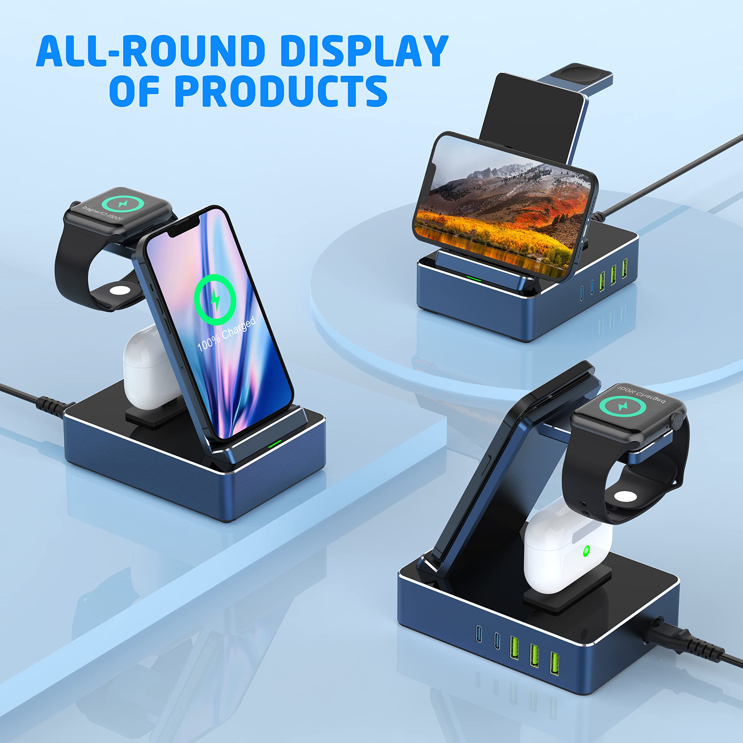100W Aluminum Alloy Charging Station, 8 in 1Wireless Charging Station for Multiple Devices USB C Charging Station Compatible with iPhone Series, iWatch, (Blue)