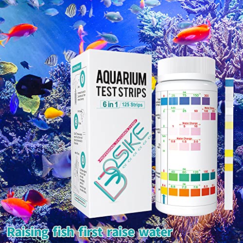 BOSIKE 6 in 1 Aquarium Test Strips Kit - 125 Fresh Water Fish Tank Tester Strips for Total Hardness, Nitrate, Nitrite, Cl2, Carbonate & ph Testing