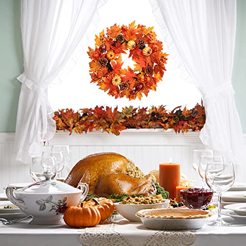 22β Fall Wreath for Front Door, Autumn Wreath with Pine Cones Pumpkin Maple Leaf, Thanksgiving Fall Wreath for Home, Wall, Porch, Windows, Suitable for Outside/Indoor, Holiday, Party, Weddings