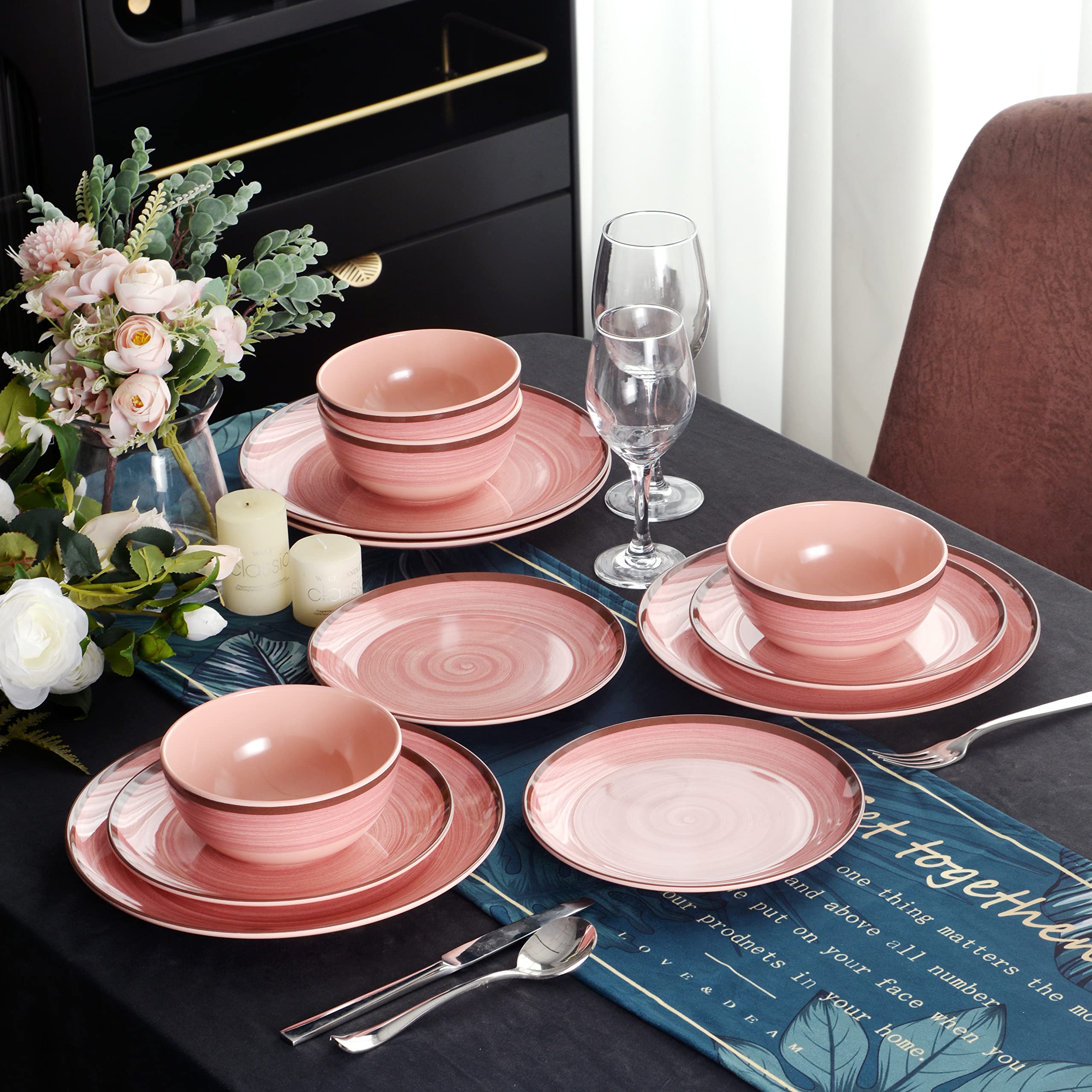 12Pcs Melamine Dinnerware Set, Plates And Bowls Sets for 4, Pink Color Dinnerware Sets, Melamine Plates Bowls Indoor and Outdoor Use Dish Set Dishwasher Safe BPA Free(Pink)