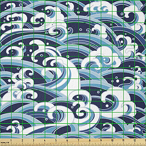 Ambesonne Japanese Wave Fabric by The Yard, Traditional Eastern Pattern with Waves of Water Foam Splashes, Stretch Knit Fabric for Clothing Sewing and Arts Crafts, 1 Yard, Blue Navy
