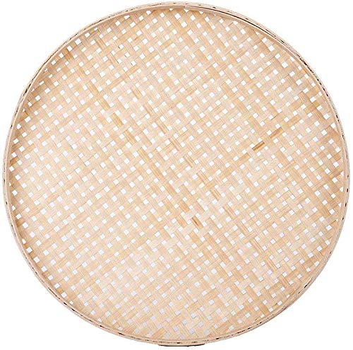 100% Handwoven Flat Wicker Round Fruit Basket Woven Food Storage Weaved Shallow Tray Organizer Holder Bowl Decorative Rack Display Kids DIY Drawing Board (Sqaure Hollow-Bamboo White, 18cm/7")