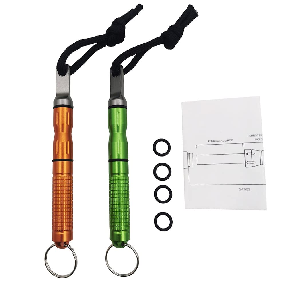 2-Pack Compact Fire Starter Sticks Scraper Striker Waterproof Fire Steel Strikes Survival Ferro Rod Flint Fire Steel Spark Magnesium Rod for EDC, Emergency Survival Kits,Camping,Hiking(Green+Orange)