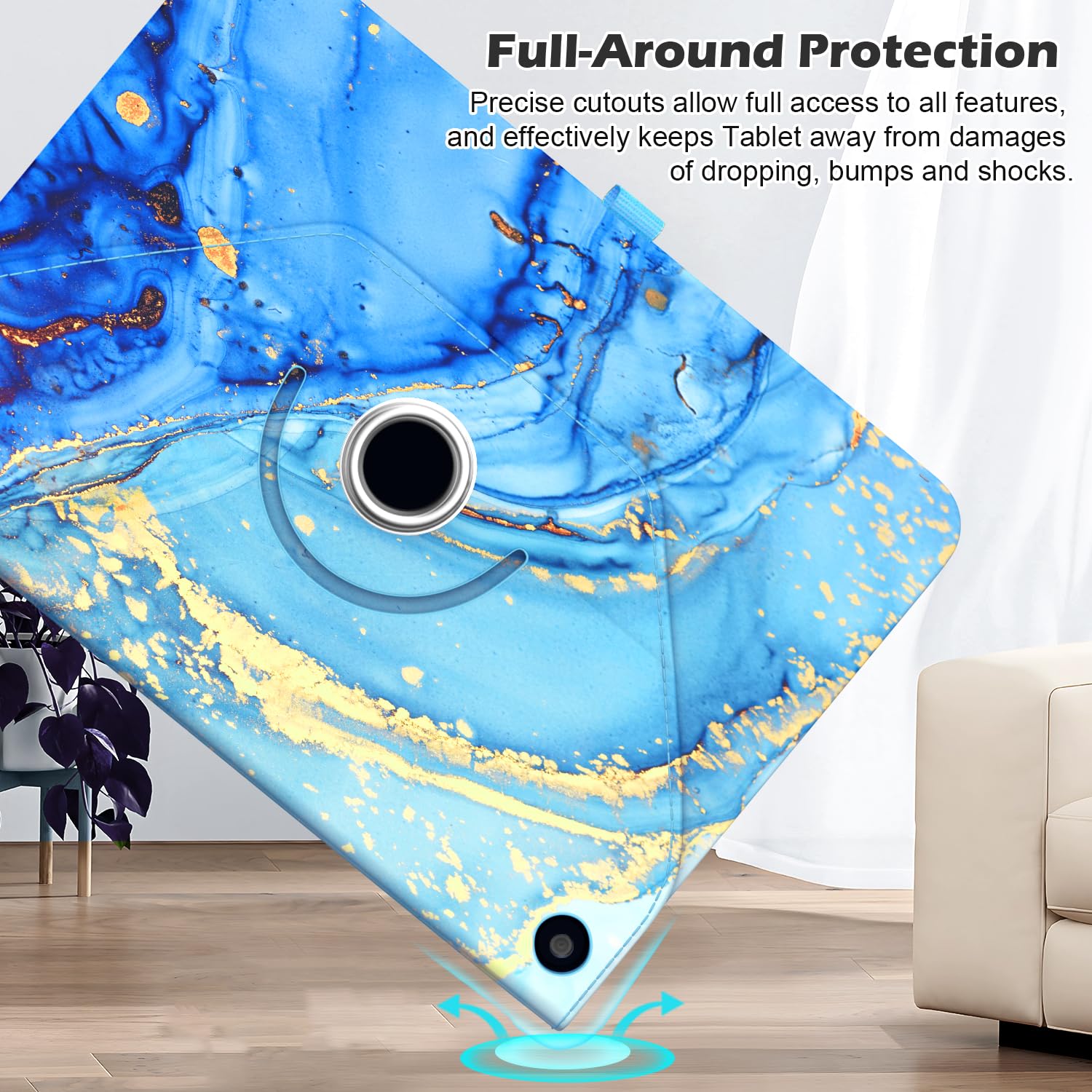 ZoneFoker Case for All New Kindle Fire HD 10 Tablet & Fire HD 10 Plus (11th/13th Generation, 2021/2023 Released), 360 Degree Rotating Stand Cover with Auto Sleep/Wake & Pencil Holder, Marble Blue