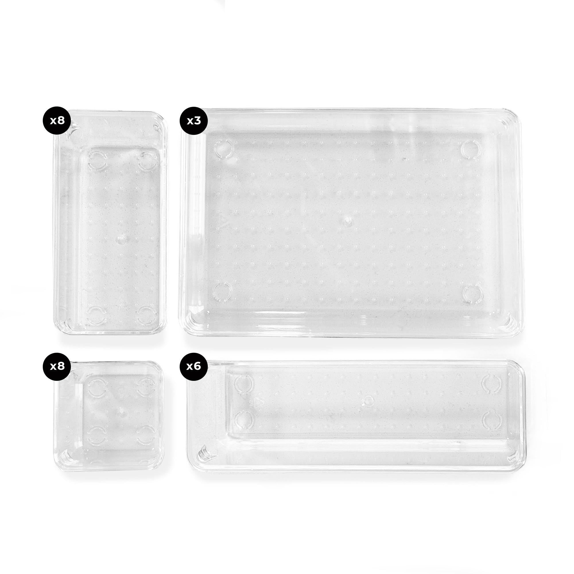 15 PCS Clear Plastic Drawer Organizers Set, 5-Size Versatile Bathroom and Vanity Drawer Organizer Trays With Non-Slip Pads, Storage Bins for Makeup, Bedroom, Kitchen Gadgets Utensils and Office.