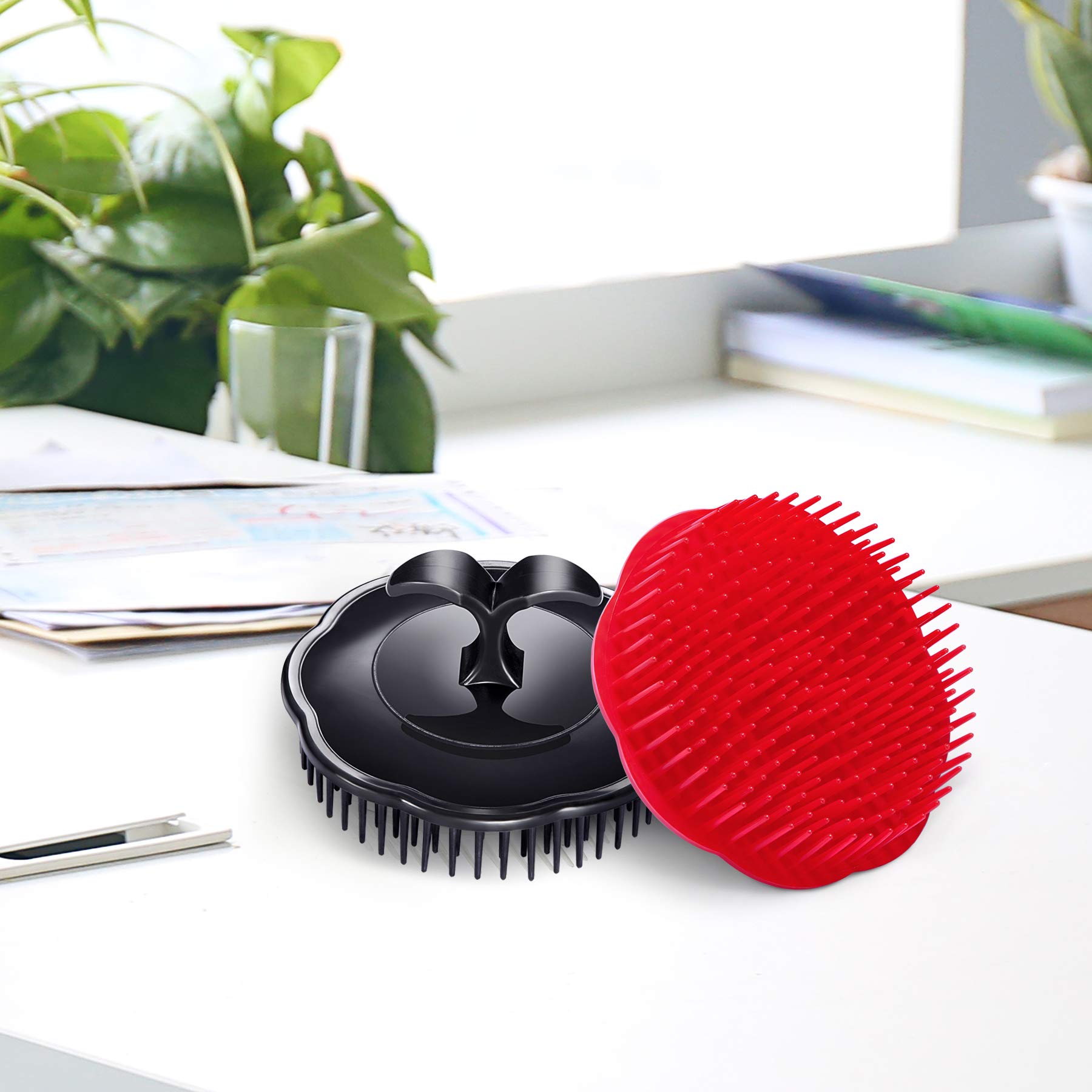 Aroveea Hair Scalp Brush Dandruff Cleaning Brush Shower Scalp Shampoo Brush Scalp Massager Pack of 4 (Black and red)
