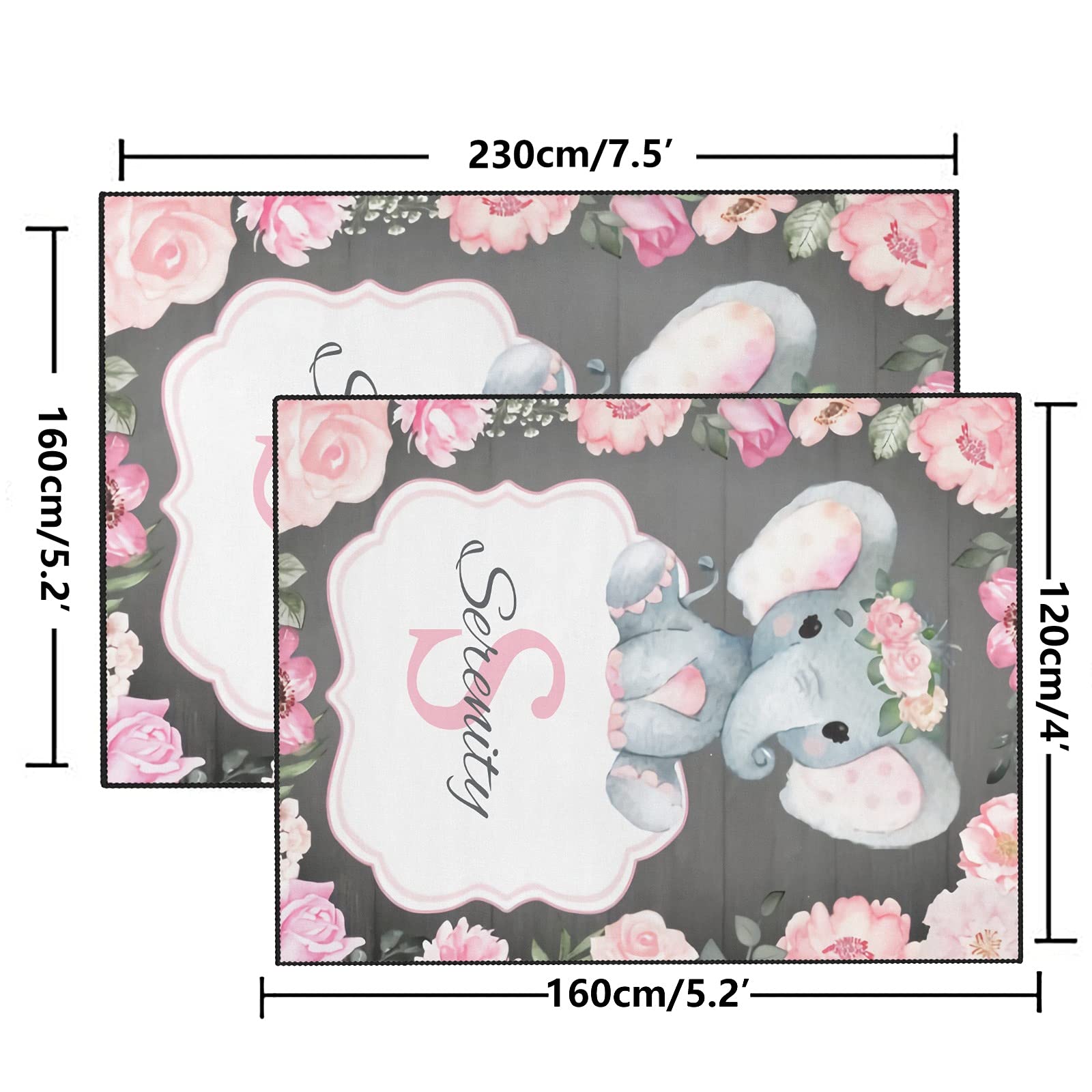 XOZOTY Custom Name Watercolor Elephant Pink Flower Area Rug Living Room Pad Nursery Kids Play Mat Entrance Exit Doormats 4'x5.2'