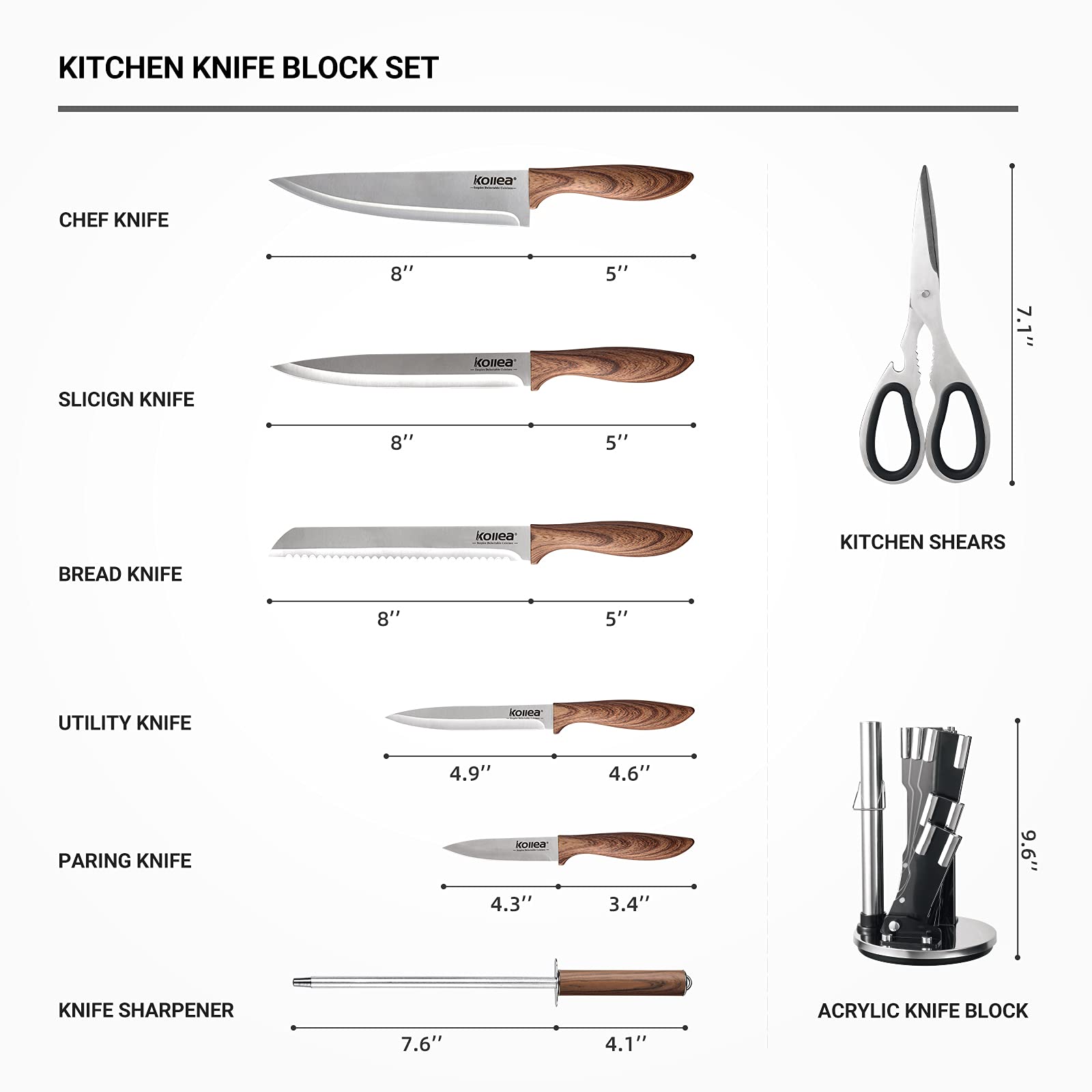 Kollea Kitchen Knife Set, 8 Pieces Stainless Steel Knives, Kitchen Steak Bread Knives Set with Acrylic Stand Knife Sharpener Kitchen Shear, Brown
