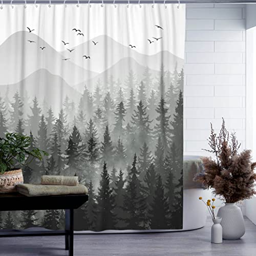 Accnicc Black and White Misty Forest Shower Curtain Set Grey Gray Ombre Waterproof Fabric Shower Curtains Nature Tree Mountain Woodland Decorative Bathroom Bath Curtain Decor (72'' × 72'', Black)