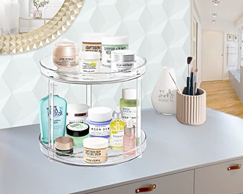 2 Tier Lazy Susan Bathroom Organizer Countertop,10.6inch Perfume Tray Makeup Skincare Organizers, Lazy Susan Turntable for Cabinet, Bathroom, Medicine Cabinet Organizer Spice Rack Organizer -Clear