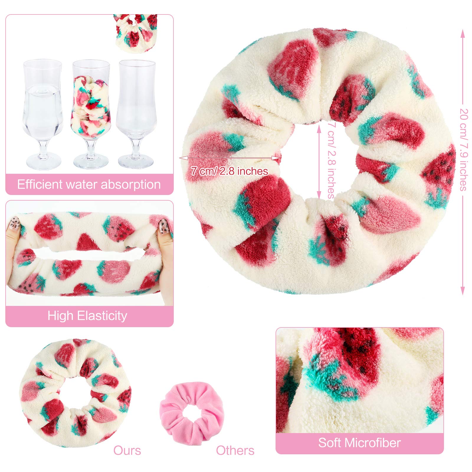 4 Pieces Large Soft Microfiber Hair Towel Scrunchies with Fuzzy Fruit-Shaped Pom Poms - Ponytail Holders for Wet and Dry Hair Styling Accessories for Women
