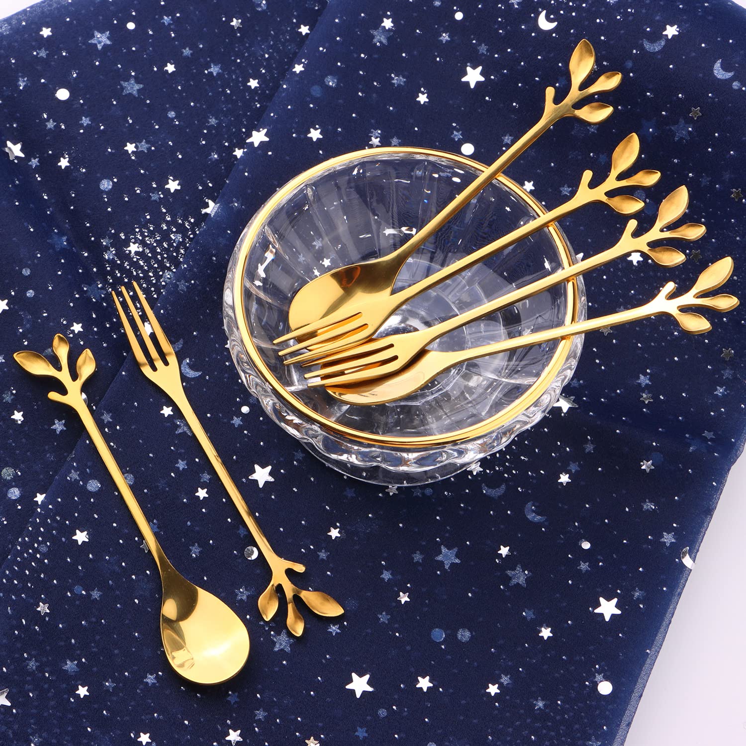 12pcs Stainless Steel Gold Leaf Coffee Spoon and Cake Fruit Forks Kitchen Accessory Wedding Party for Dessert, Salad, Appetizer, Spoon and Fork Set(6 Forks + 6 Spoons) (Gold)