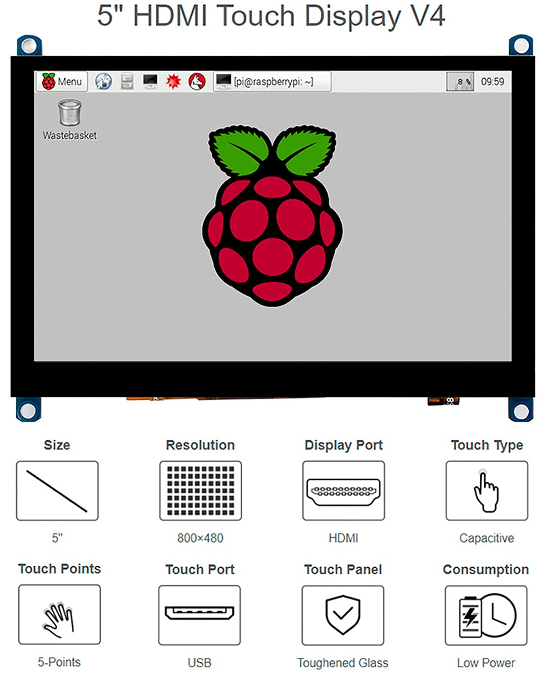Bicool 5inch HDMI LCD Rev 4, 800x480 Capacitive Touchscreen Monitor TFT Display for All Raspberry Pi 4B/3B+/3B/Zero/Zero W/WH, Support Windows 10/8.1/8 / 7,5-Points Touch Driver Free Toughened Glass