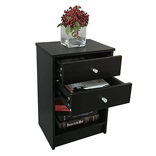 2-Drawer Night Stand, Country Style Sofa Side End Table with Drawer, Wooden Bedside Table for Living Room Bedroom, Multifunctional Storage Organizer with Solid Wood Legs , Easy to Assemble (Black3)