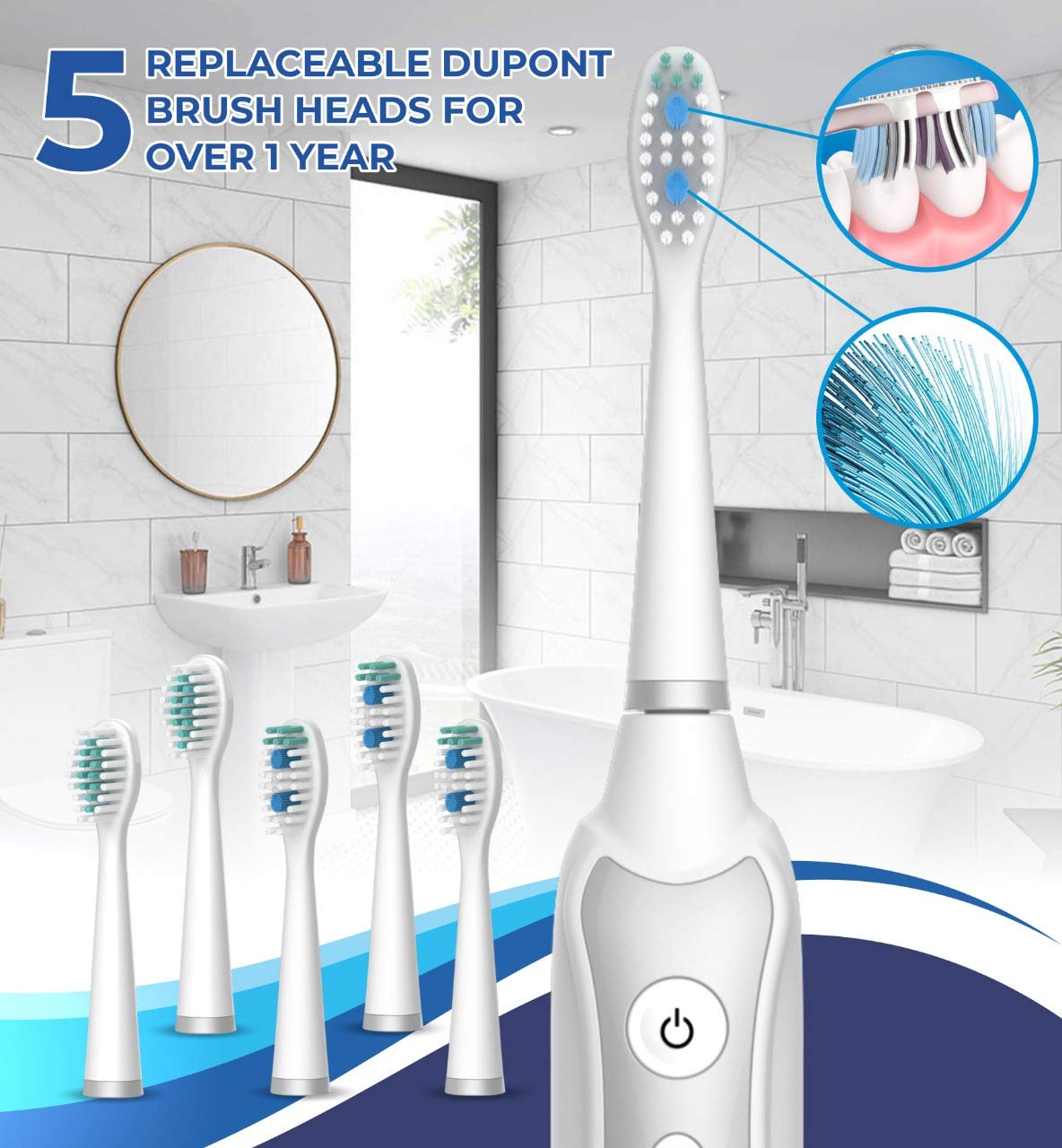 Sonic Electric Toothbrush for Adults with 5 Toothbrush Replacement Heads, 3 Brushing Modes & 2 Minutes Built-in Timer, Travel Toothbrushes with Inductive Charging, Rechargeable toothbrush | White