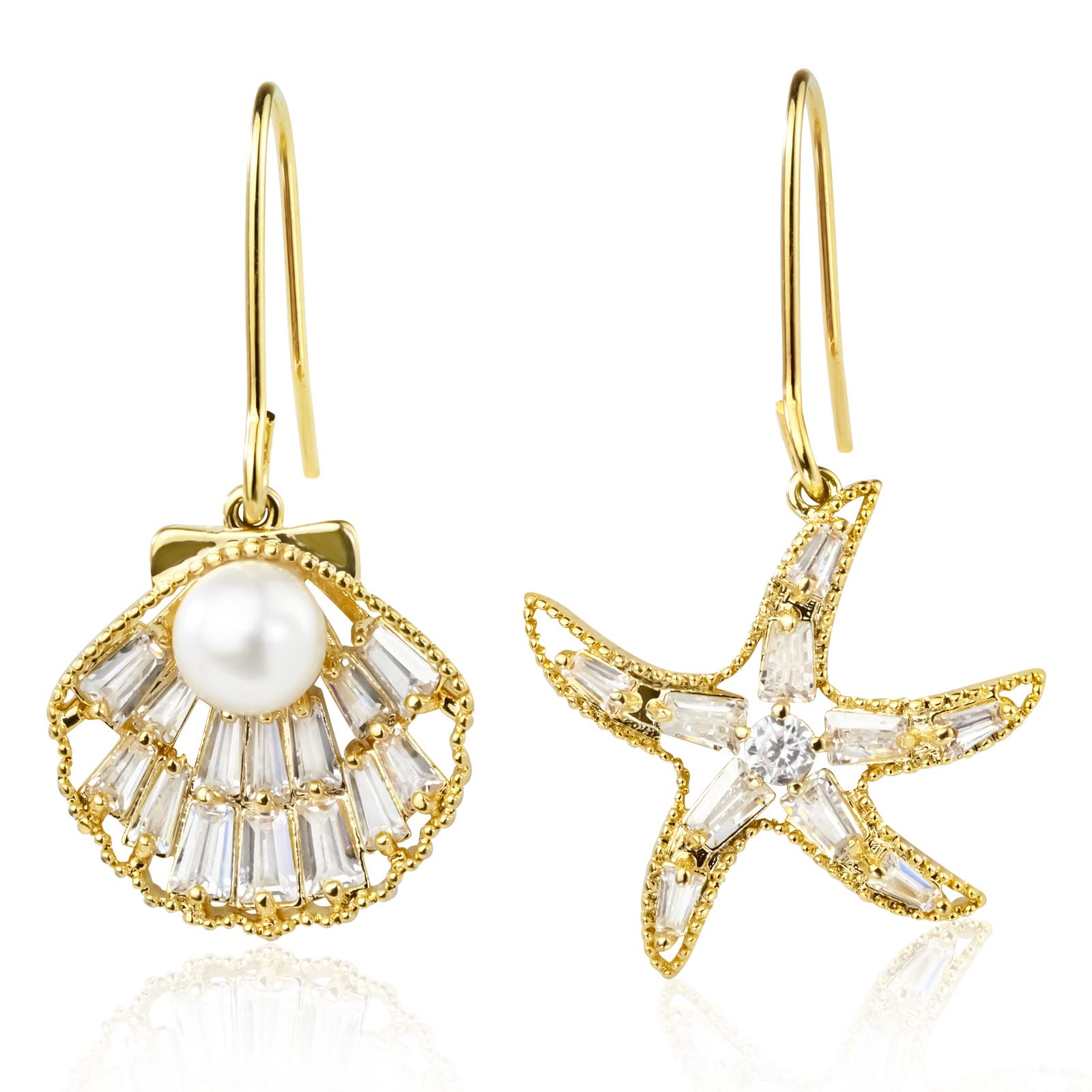 14K Gold Plated Starfish Shell Dangle Earrings for Women, Hypoallergenic Beach Earrings Handmade Asymmetric Earrings for Sensitive Ears