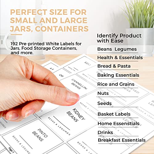 192 Kitchen Pantry Labels for Food Containers, Organize Pantry with Minimalist Preprinted Black Text on White Vinyl Stickers for Jars, Canisters and Storage Bins + Numbers for Pantry Organization