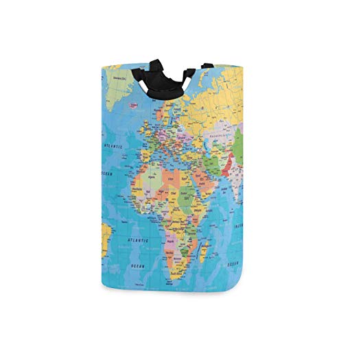 Baofu World Map Laundry Hamper Large Dirty Foldable Clothes Bags Waterproof Durable Lightweight Oxford Round Collapsible Storage Basket Organization with Handles for Home Bathroom Bedroom