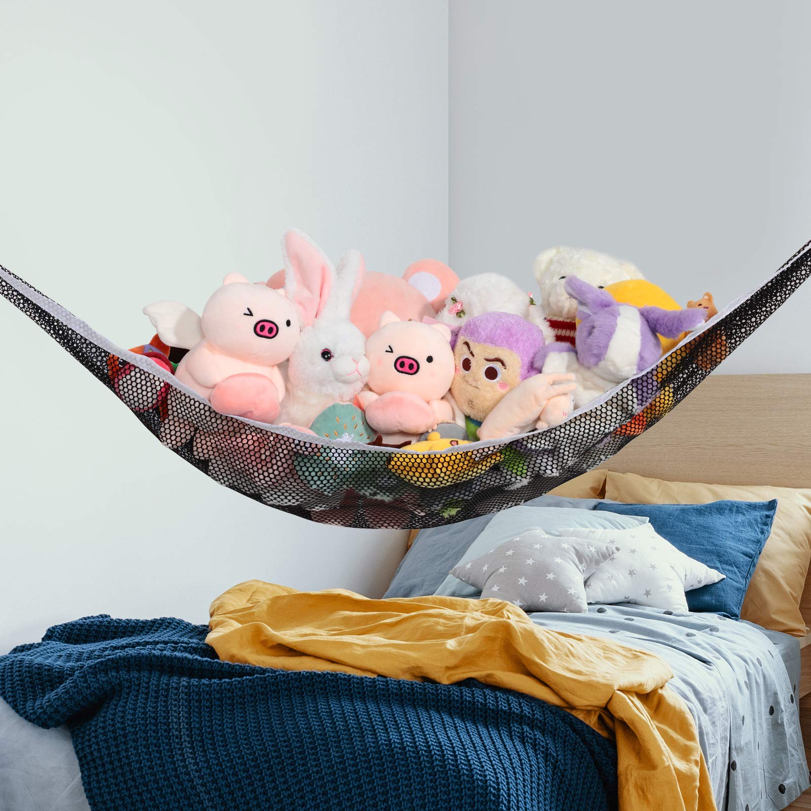 4 Pieces Stuffed Animal Hammocks Stuffed Toy Storage Hammock Nets Jumbo Wall Sling Corner Mesh Toy Organizer, Doll Hanging Net with Hooks for Bedroom Playroom Plush (Black, Blue, White, Pink)