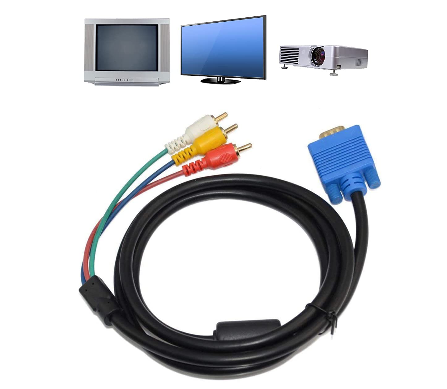 5FT / 1.5M VGA to 3 RCA Cable VGA Male Cable 15 pin Digital to Analog PC TV Video Cable AV Adapter HDTV Laptop PC DVD Display Cable Converter