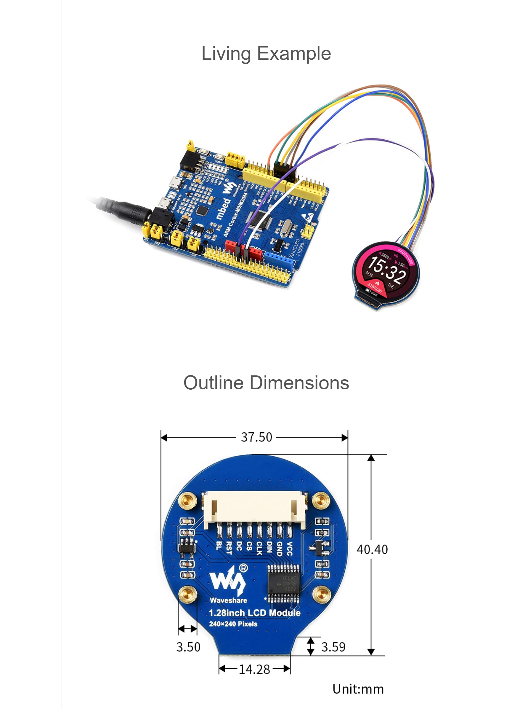 waveshare 1.28 inch Round LCD Display for Arduino/Jetson Nano/Raspberry Pi/STM32, 240×240 IPS Screen Monitor 65K RGB Colors, Using SPI Bus, Embedded GC9A01 Driver