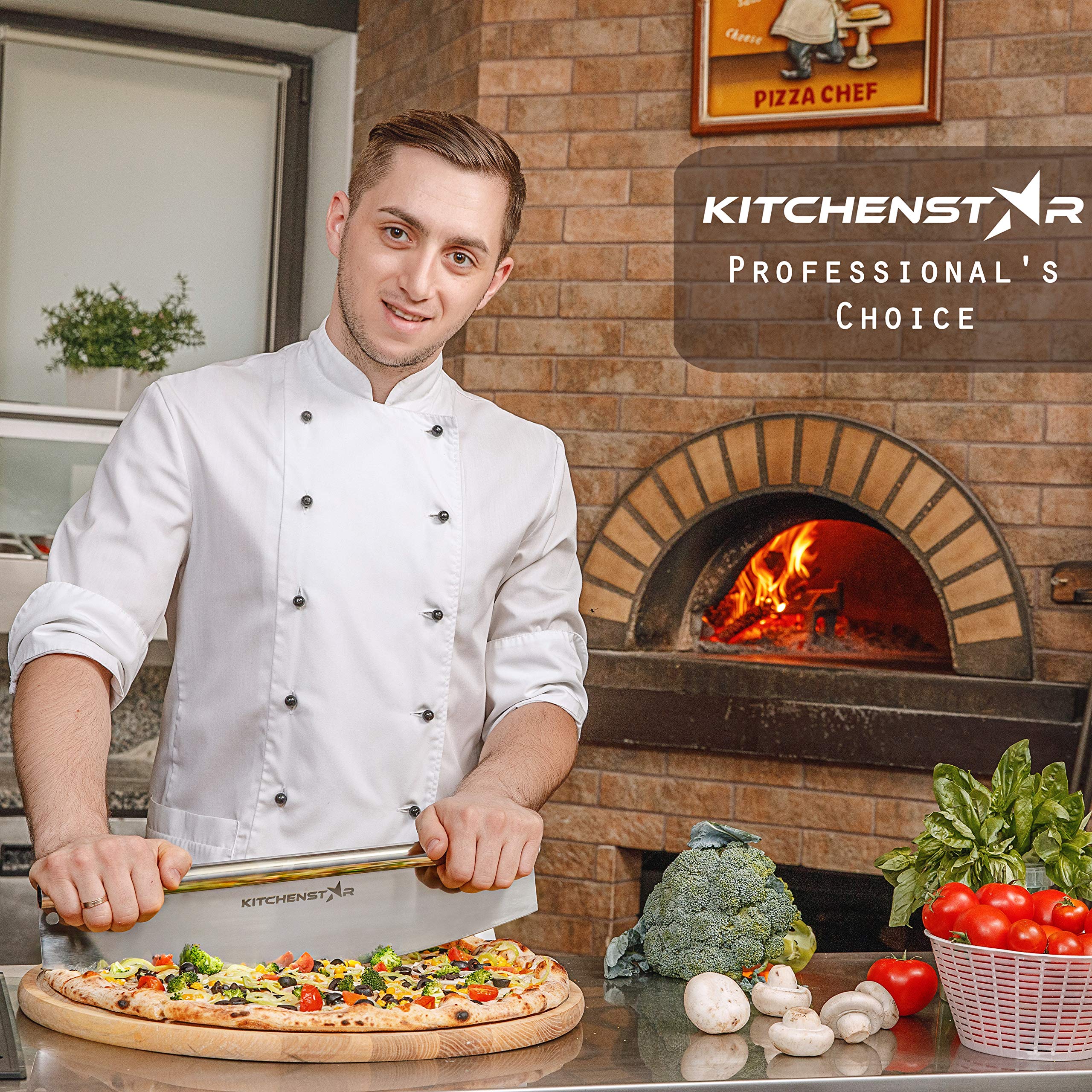 16" Pizza Cutter Rocker by KitchenStar - Razor Sharp Stainless Steel Slicer Knife with Blade Cover, Large + Dishwasher Safe - Premium Pizza Oven Accessories