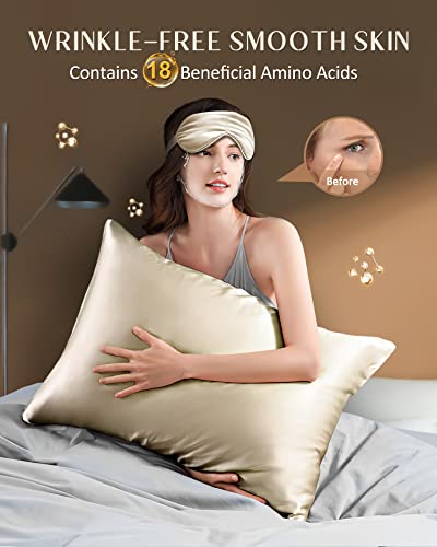 100% Mulberry Silk Pillowcase for Hair and Skin 22 Momme 6A Silk Pillow Case Zippered Soft Smooth Cooling -Standard Size 20"X 26"-with Eye Mask and Laundry Bag, Luxury Gift Set(Beige 1pc)