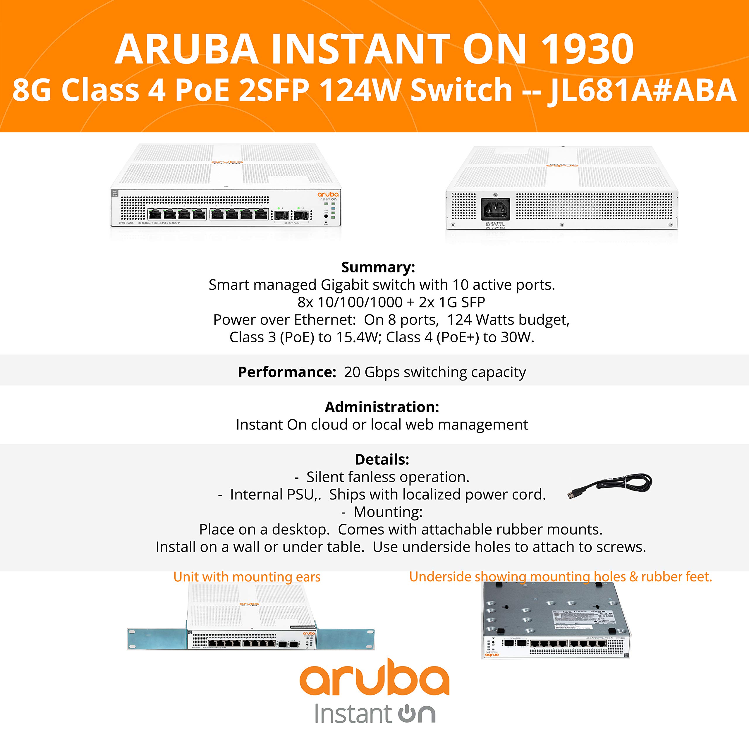 Aruba a Hewlett Packard Enterprise company Aruba Instant On 1930 8-Port PoE Smart Switch (JL681AN.ABA) Bundled with (2X) AP22 Wi-Fi 6 Wireless Access Points (R4WO1A)