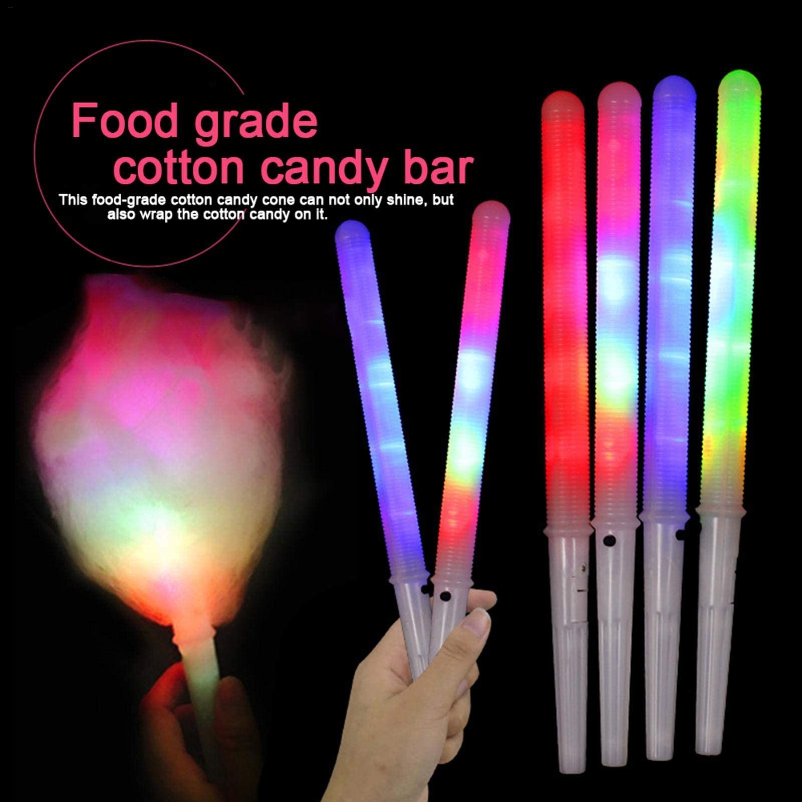 100 Pcs LED Cotton Candy Cones, Glowing Cotton Candy Sticks, 8 Patterns Colorful LED Cotton Candy Glow Sticks for Cotton Candy Maker, Reusable Safety Food Grade Material Marshmallow Sticks