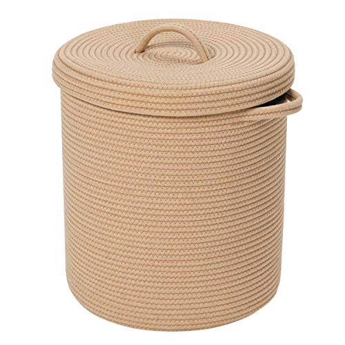 13" x 13" x 15" Medium Storage Basket with Lid, Cotton Rope Storage Baskets, Laundry Hamper, Cloth Bin, for Clothes Towels Blankets Storage in Living Room, Large Basket Full Beige with Cover
