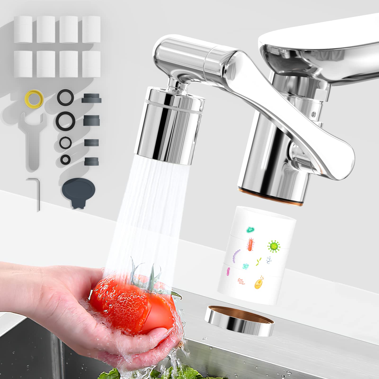 1440° Rotating Faucet Extender Aerator with Eight Water Purification Filter Replacement, Universal Splash Filter Faucet with Two Water Outlet Modes, Foldable Faucet Extender for Daily Washing