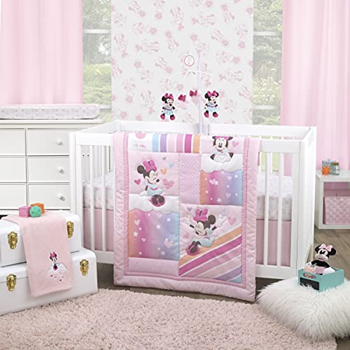 Disney Minnie Mouse Be Happy Pink, Aqua and White Super Soft Baby Blanket with Cloud Applique