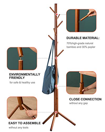 BMOSU Bamboo Coat Rack Freestanding Stand Tree Adjustable Coat with 3 Sections 8 Hooks Easy to Assemble Standing Coat Jackets Hanger for Bedroom Office Hallway Entryway Brown