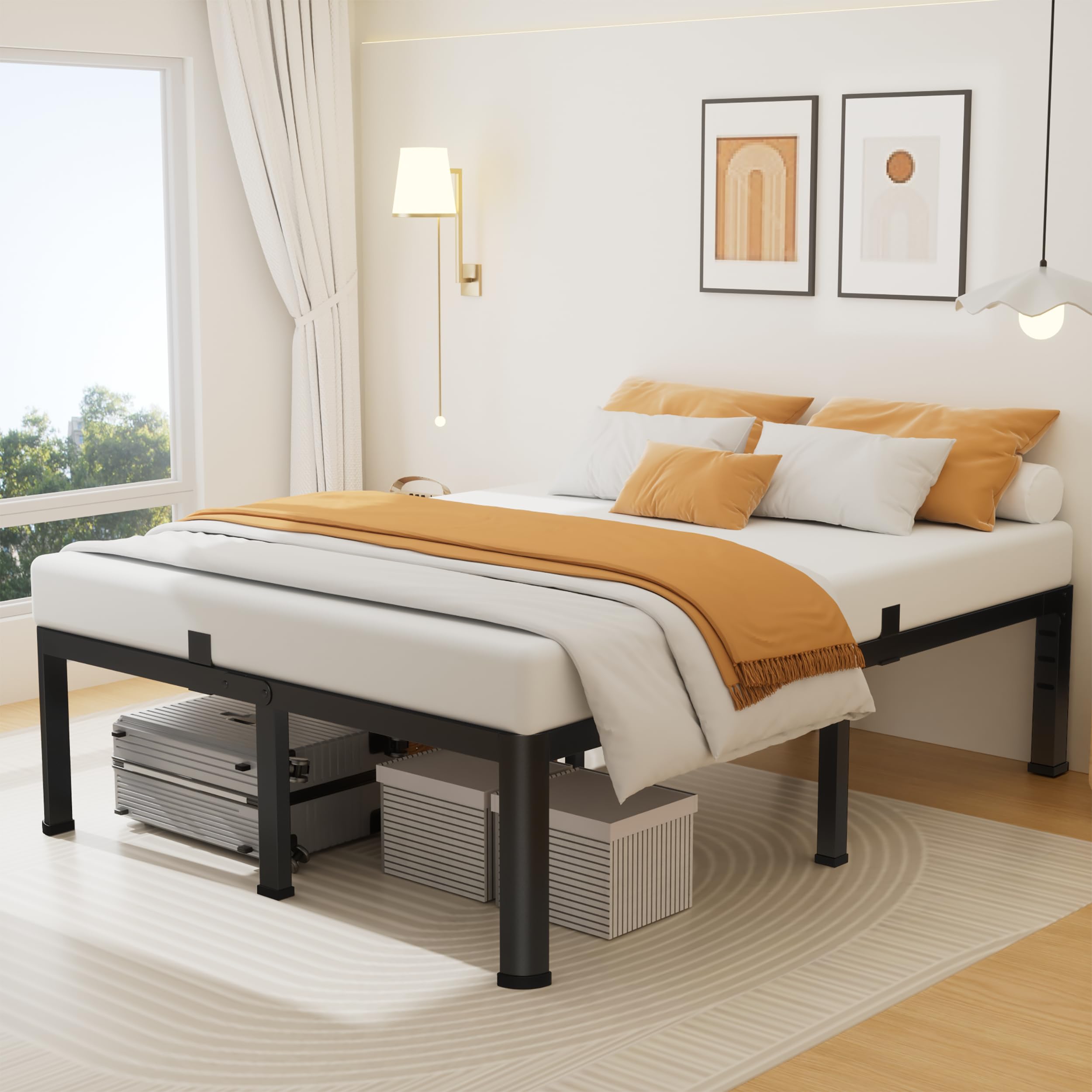 14 Inch Full Size Platform Bed Frame with Under-Bed Storage Space, Heavy Duty Metal Bed Frame No Box Spring Needed, Sturdy Round Corner Bed Frame Strong Bearing Capacity, Easy Assembly, Noise Free