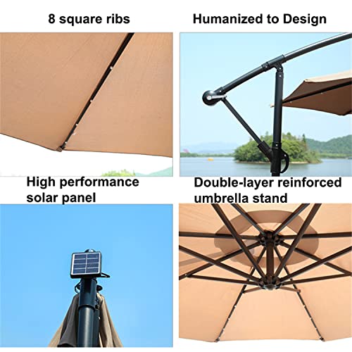 10FT LED Outdoor Patio Umbrella, Solar LED Offset Hanging Market Patio Umbrella, Solar Light Cantilever Umbrella, 8 Ribs Adjustment, for Pool, Yard, Garden,Coffee