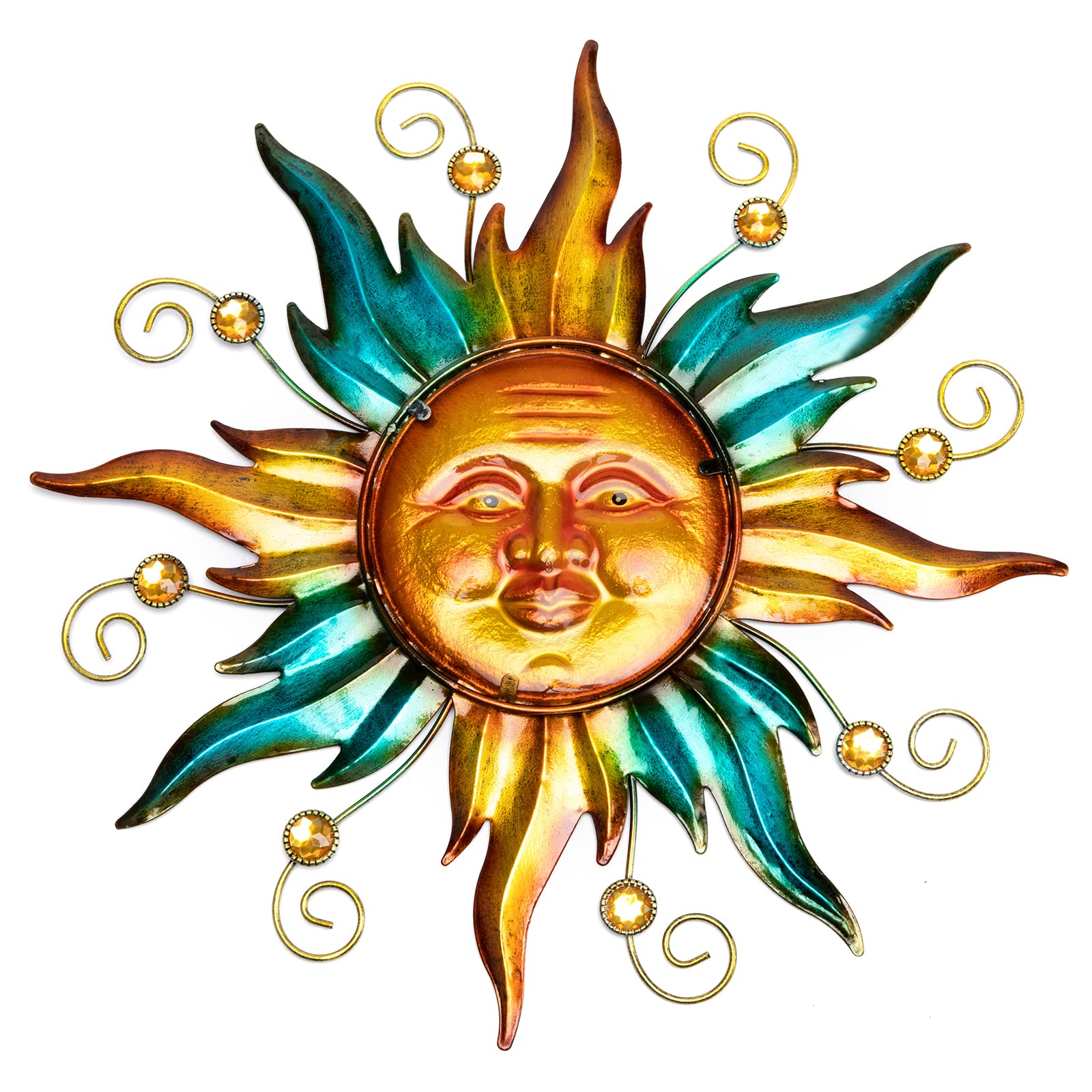 14 Inch Metal Sun Wall Art Decor Hanging Wall Decor,Sunface Wall Sculpture Glass Hanging Ornament,Home Decor Artistic Sun Face Metal Wall Sculpture for Home/Garden/Yard/Farmhouse