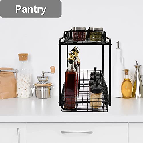 2-Pack Under Sink Organizer, Sliding Cabinet Wire Basket Organizer, Higher 2 Tier Under Bathroom Storage Drawer Multi-purpose Storage Shelf for Bathroom Kitchen Pantry