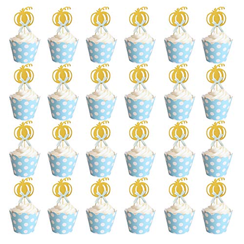 Pumpkin Cupcake Toppers Boy, Fall Theme Cake Decorations for Pumpkin Baby Shower, Birthday Party Decorations-24 Packs
