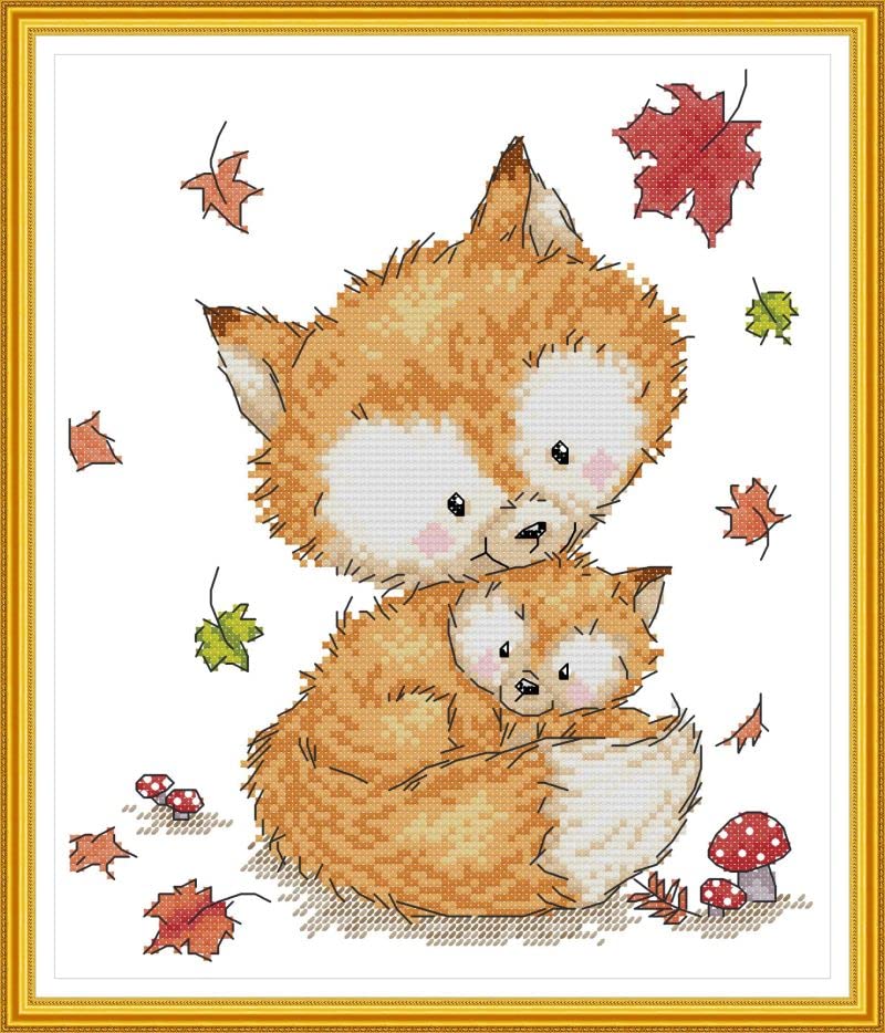 14 CT Cross Stitch Kits for Beginners Fox Mother Love Printed Stamped Cross-Stitch Supplies Needlework Printed Embroidery Kits DIY Kits Needlepoint Starter Kits 26×30cm