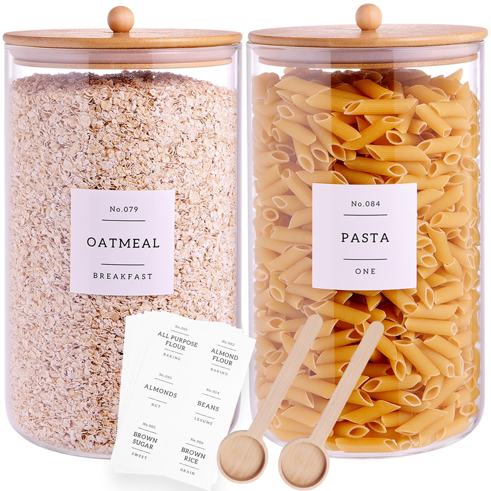 2 Pcs Large Jar with Lid for Kitchen Counter with 132 Pantry Labels and Spoon,Glass Canister Food Storage Container, Flour Container, Kitchen Storage Jars for Candy, Cookie (100oz X 2)