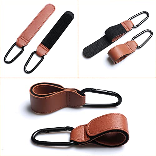 2Pcs Leather Handlebar Cover with Removable Zipper for Bugaboo Cameleon 1 2 3 Plus Pram Accessories and 2Pcs Universal Stroller Hooks for Hanging Bags and Shopping, Brown