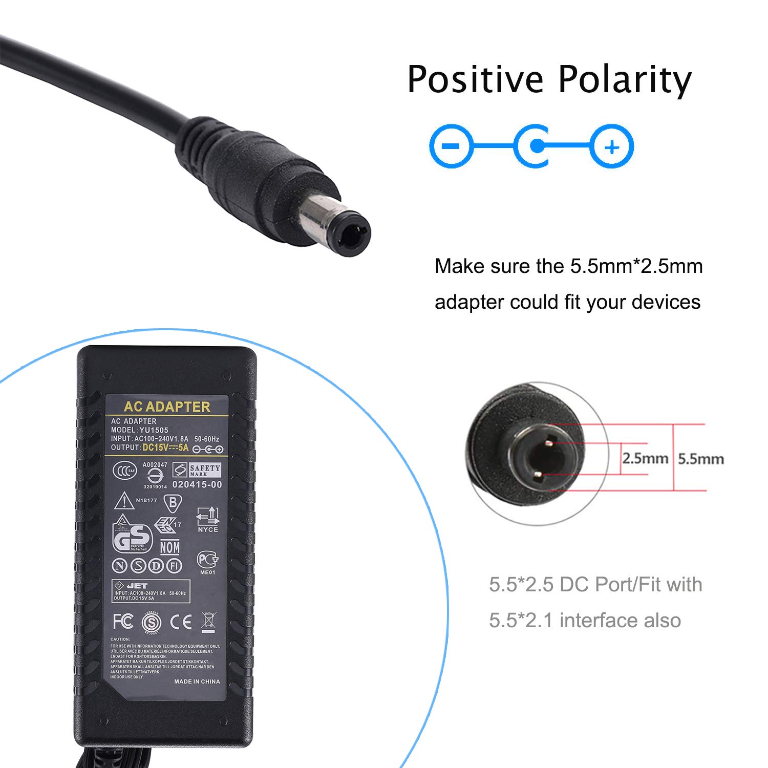 15V 5A Power Supply, Universal AC 100-240V to DC 15V 5A 75W Power Adapter Transformer 5.5x2.5mm Compatible with 15 Volt 4.8A for Photo Studio Ring Light