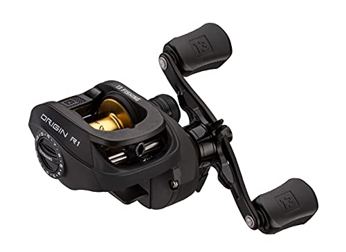 13 FISHING - Origin R1 Baitcast Reel - 8.1:1 Gear Ratio - Left Hand Retrieve (100 Size) (Fresh) - OR1-8.1-LH, Black/Gold