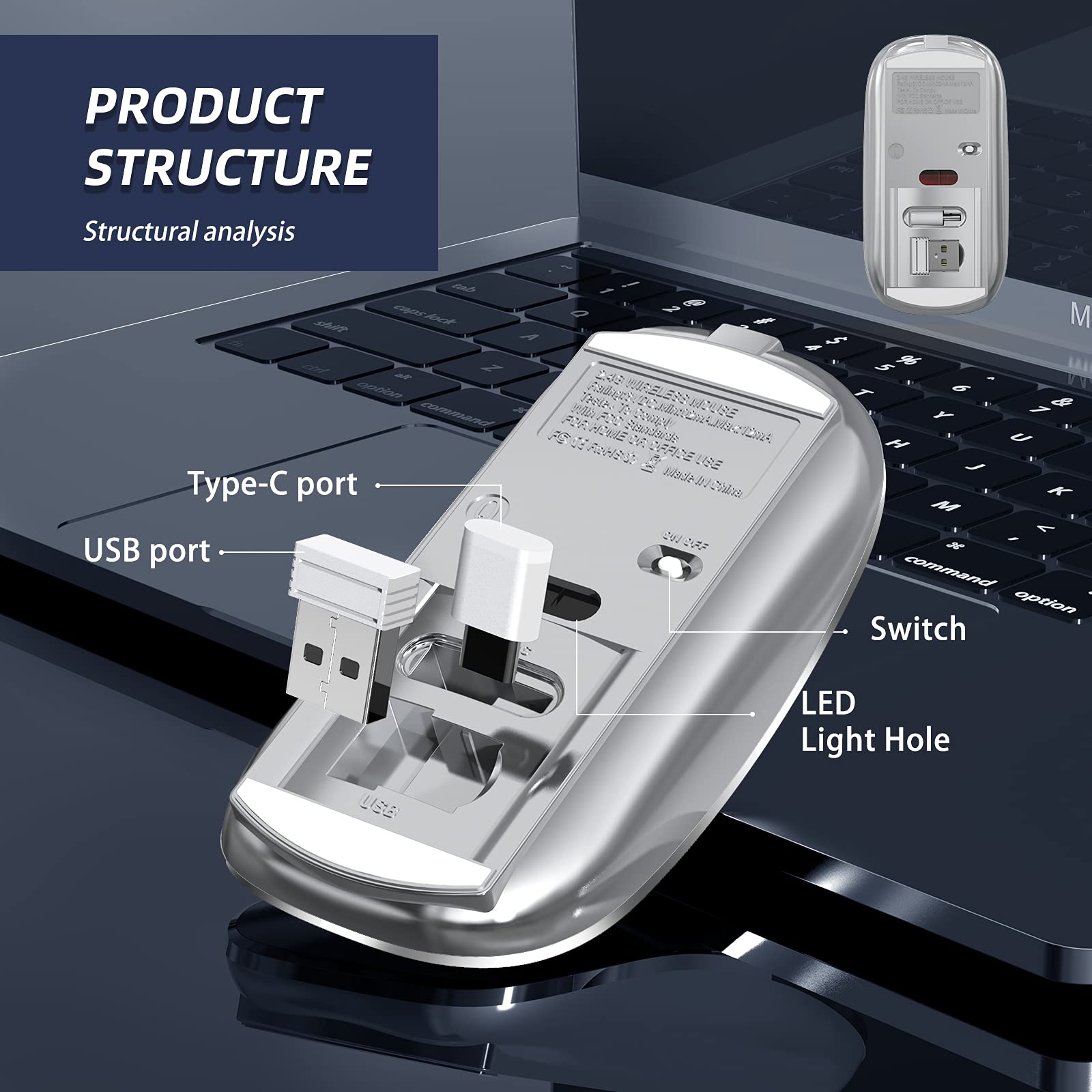 Halpilt Wireless Mouse Chargeable Portable Silent Wireless Mouse USB and Type-C Dual Mode Wireless Mouse 3 Adjustable DPI for Laptop, Mac, MacBook, Android, PC (Q23S Black) (Grey)