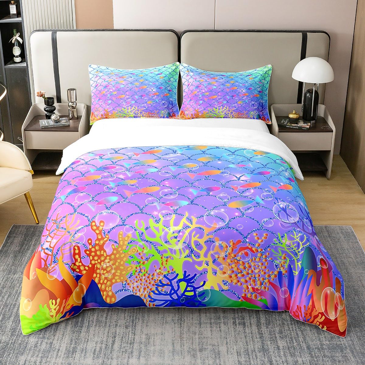 100% Nature Cotton Blue Purple Gradient Duvet Cover Twin Size for Teens Youth,Watercolor Fishes Seaweed Coral Comforter Cover with Zipper Closure,Dreamy Ocean Theme All Season Super Soft Bedding