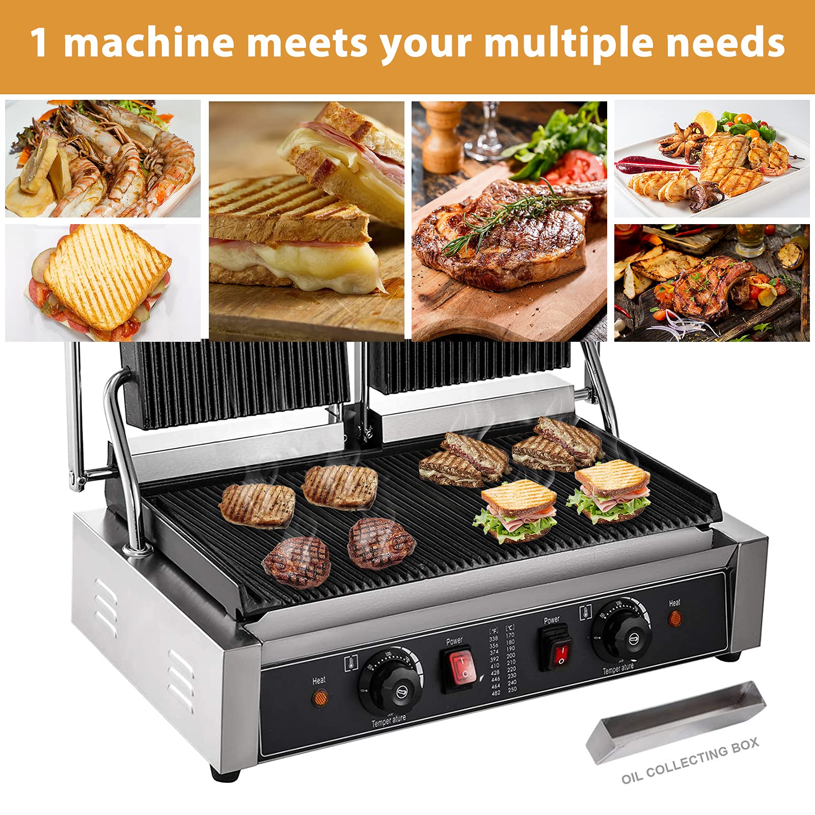 Bavnnro 110V Commercial Sandwich Machine,Commercial Sandwich Panini Press,Power 2x1800W,Temperature Control 122°F-572°F,Commercial Kitchen Equipment(Souble Grooved Plates)