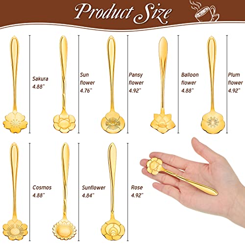 40 Pcs Flower Dessert Spoons Stainless Steel Sugar Spoon Stirring Coffee Spoons Small Tea Spoons Cafe Bar Spoon Cute Coffee Teaspoon Mini Tableware for Demitasse Espresso, 8 Styles (Gold)
